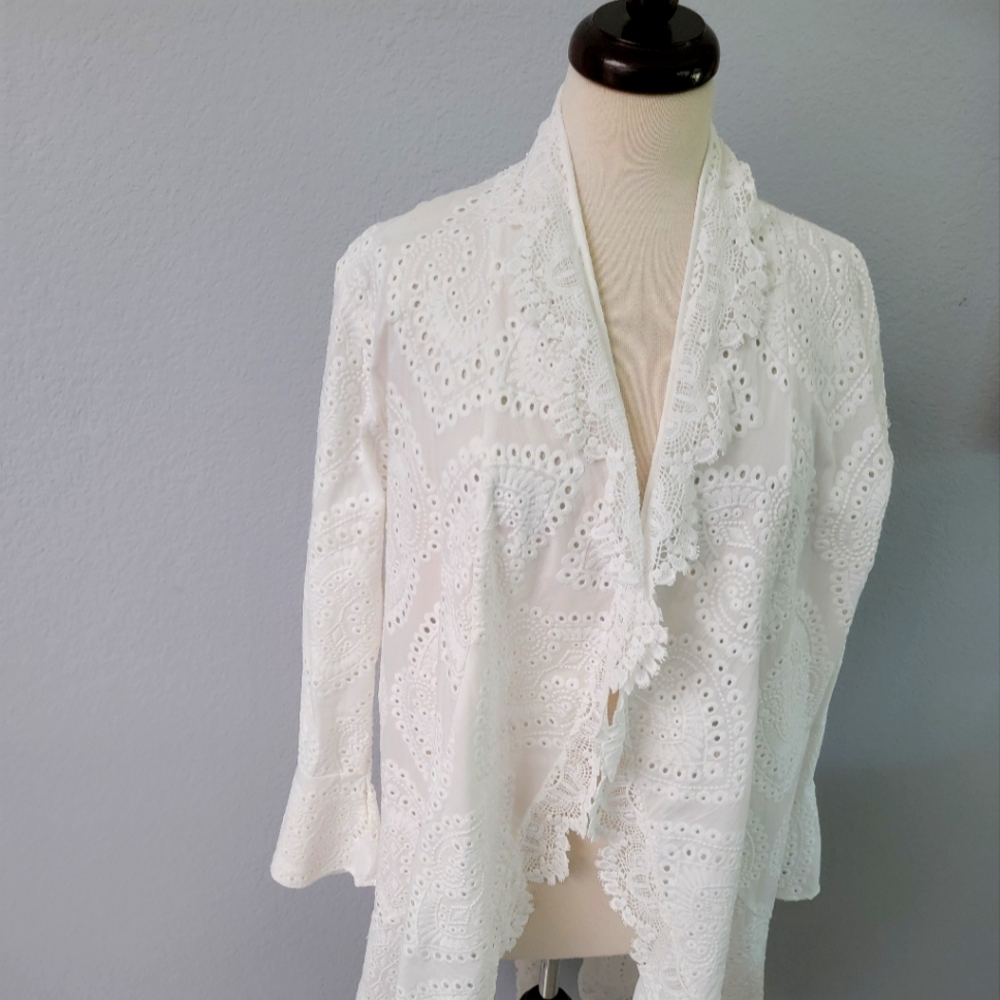 Reba White Eyelet Lace Open Jacket Duster - Gem